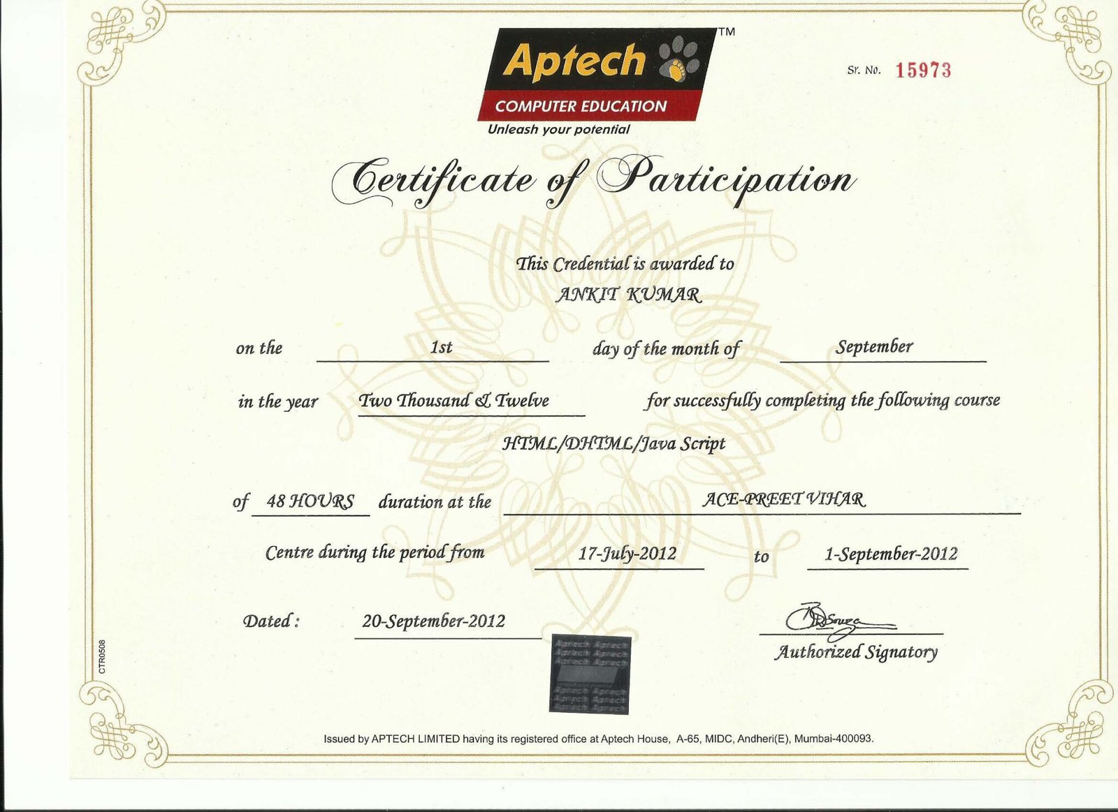 Aptech Programming Certificate - Ankit Sudhera Portfolio Website