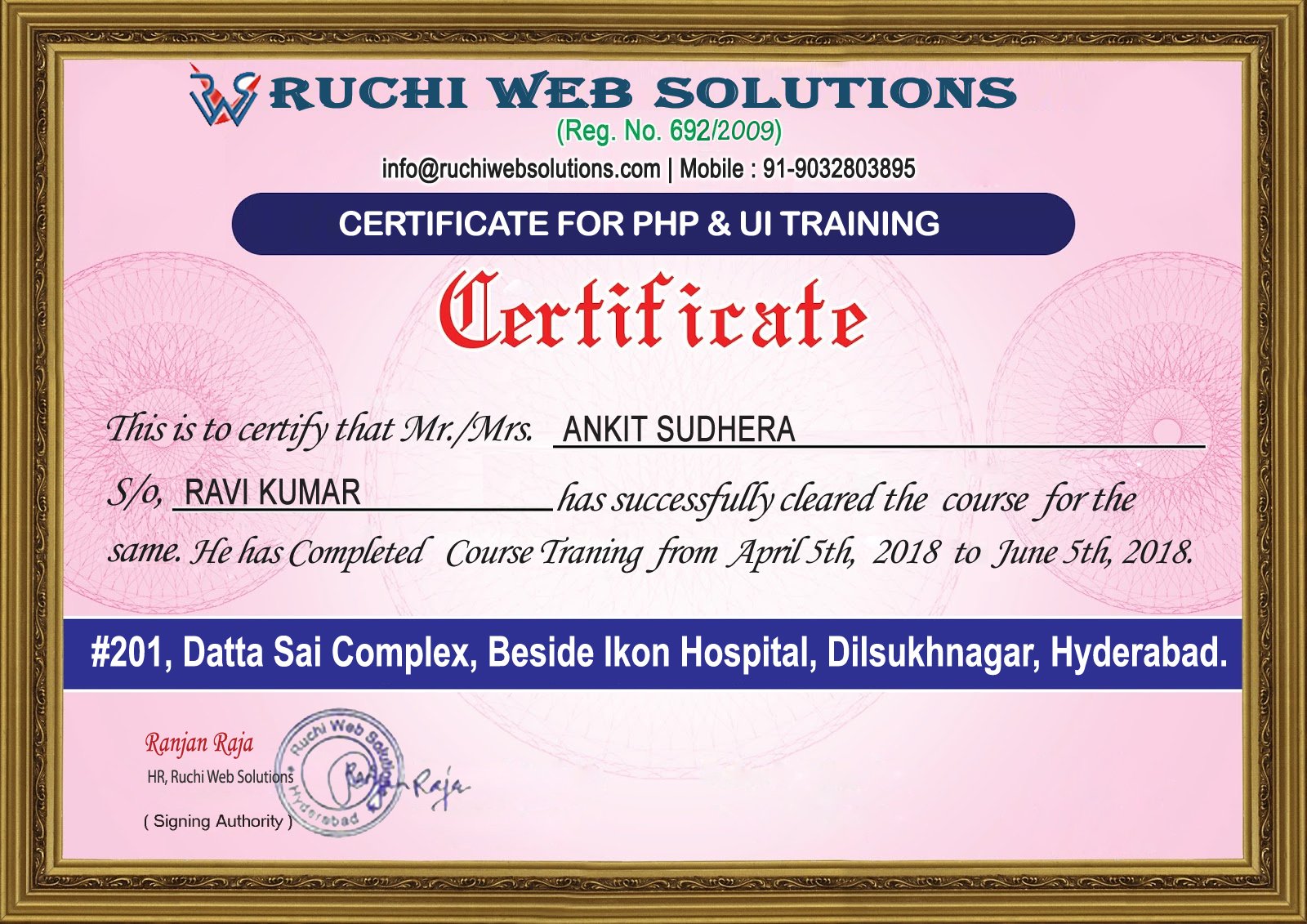 PHP and UI Training Certificate - Ankit Sudhera Portfolio Website